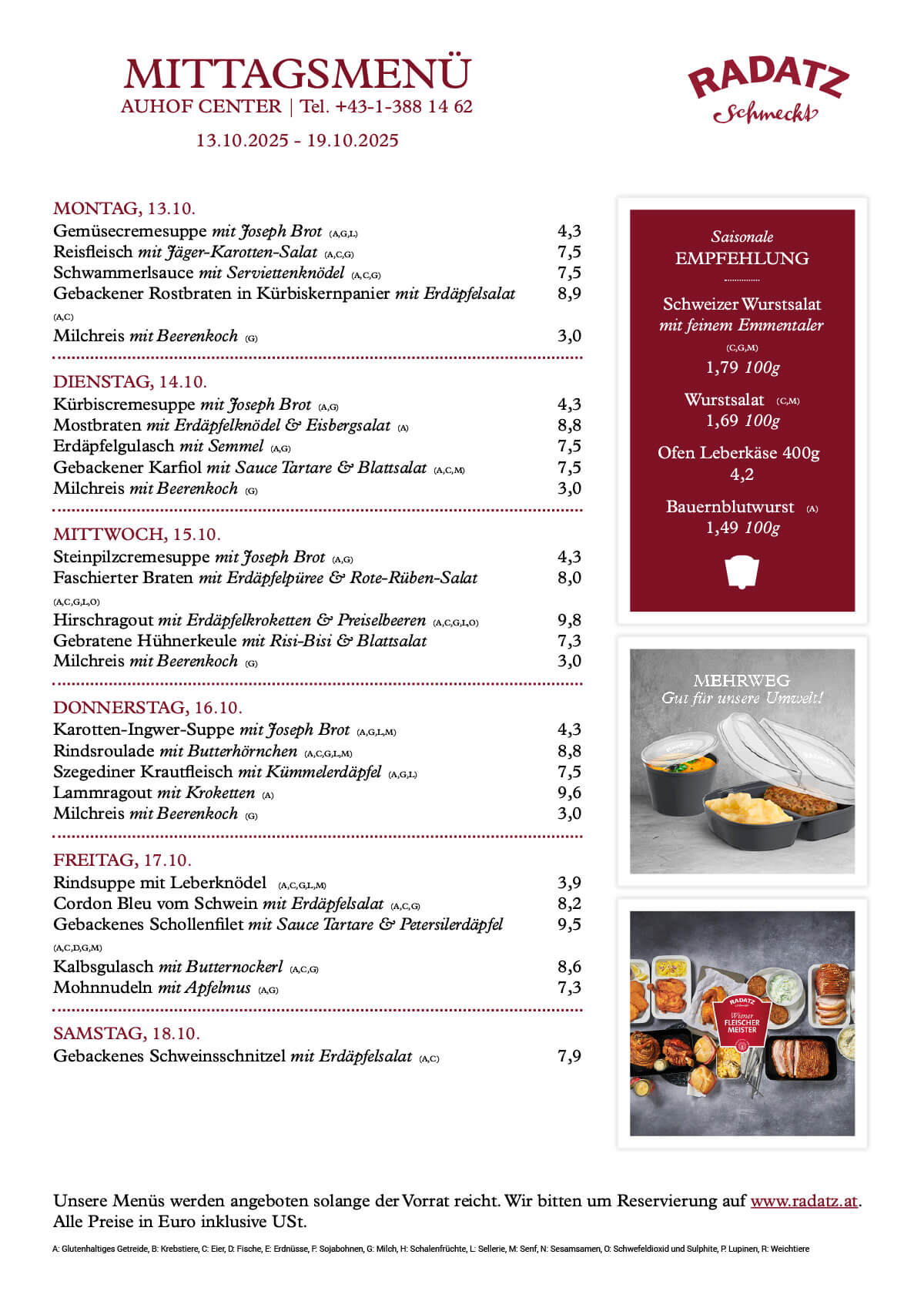 RADATZ: Aktuelle Wochenmenukarte – Auhof Center