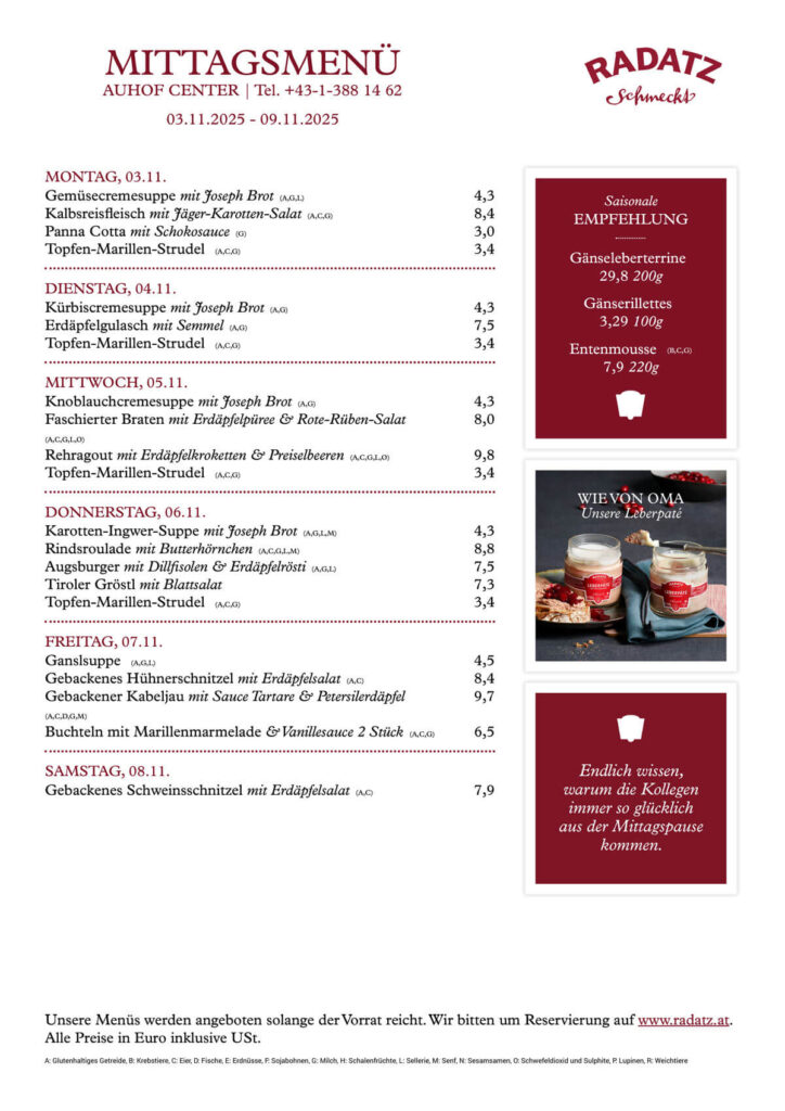 RADATZ: Aktuelle Wochenmenukarte – Auhof Center