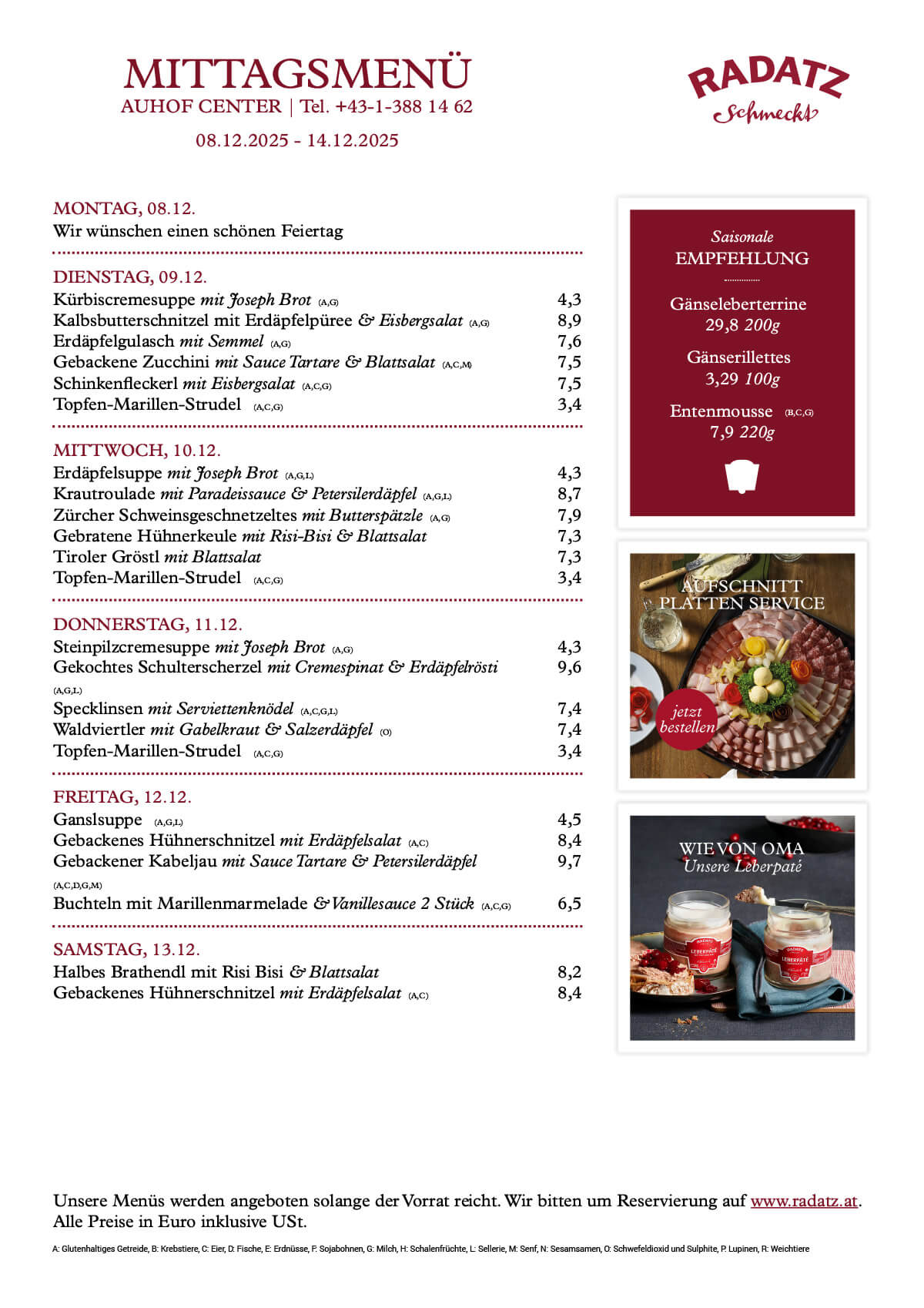 RADATZ: Aktuelle Wochenmenukarte – Auhof Center